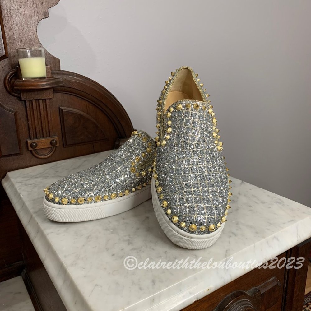 Christian Louboutin Pik Boat Silver Glitter Gold Spik… - Gem